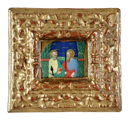 Capolettera miniato lettera N con i santi Pietro e Paolo. - Asta Arte ...